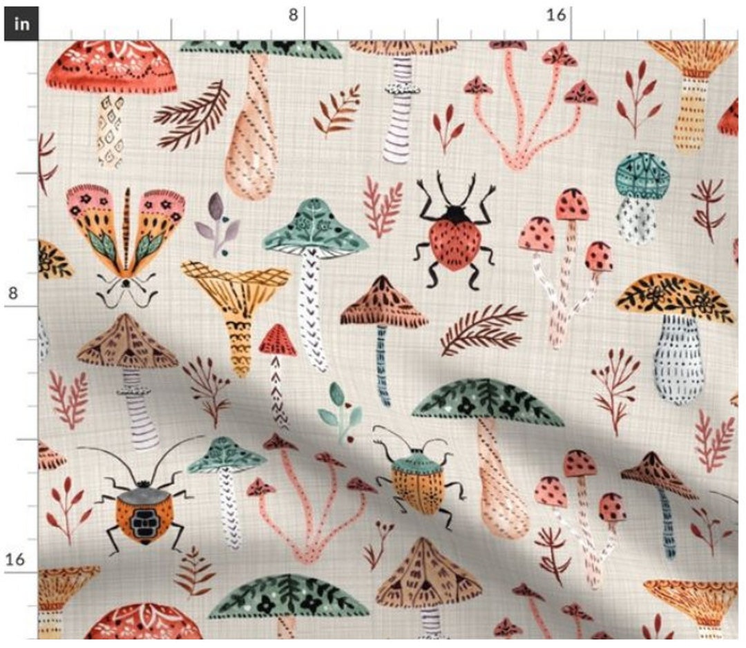 Beige Pilzen Beetle Fabric | Beetle Bug Fabric by the Yard | Mushroom ...