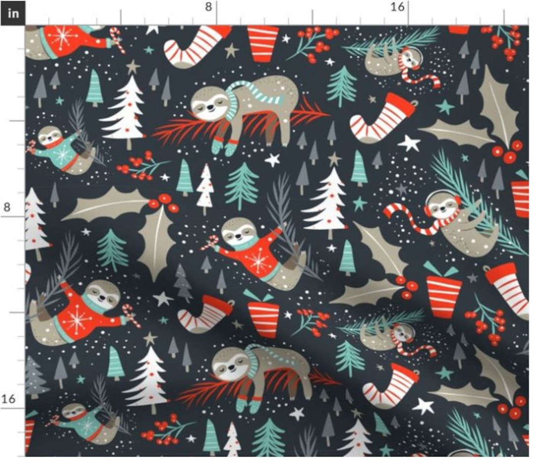 Slothy Holidays on Coal Black | Christmas Sloth Fabric | Sloth Fabric ...