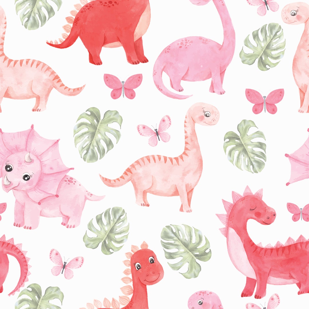 Watercolor Pink Dinosaurs Fabric by the Yard | Prehistoric Dinos ...