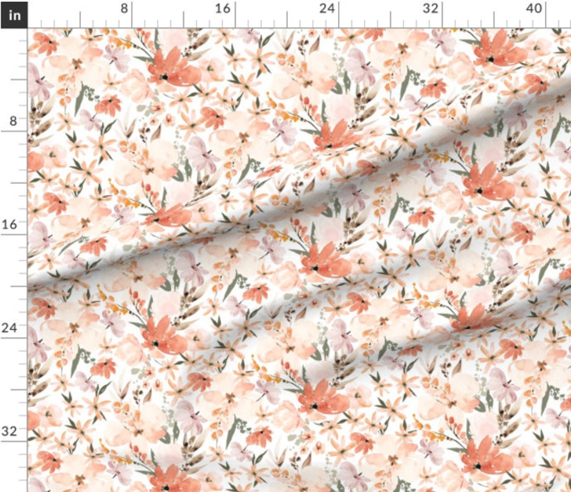 Peach Apricot Floral Fabric by the Yard Watercolor Flowers - Etsy