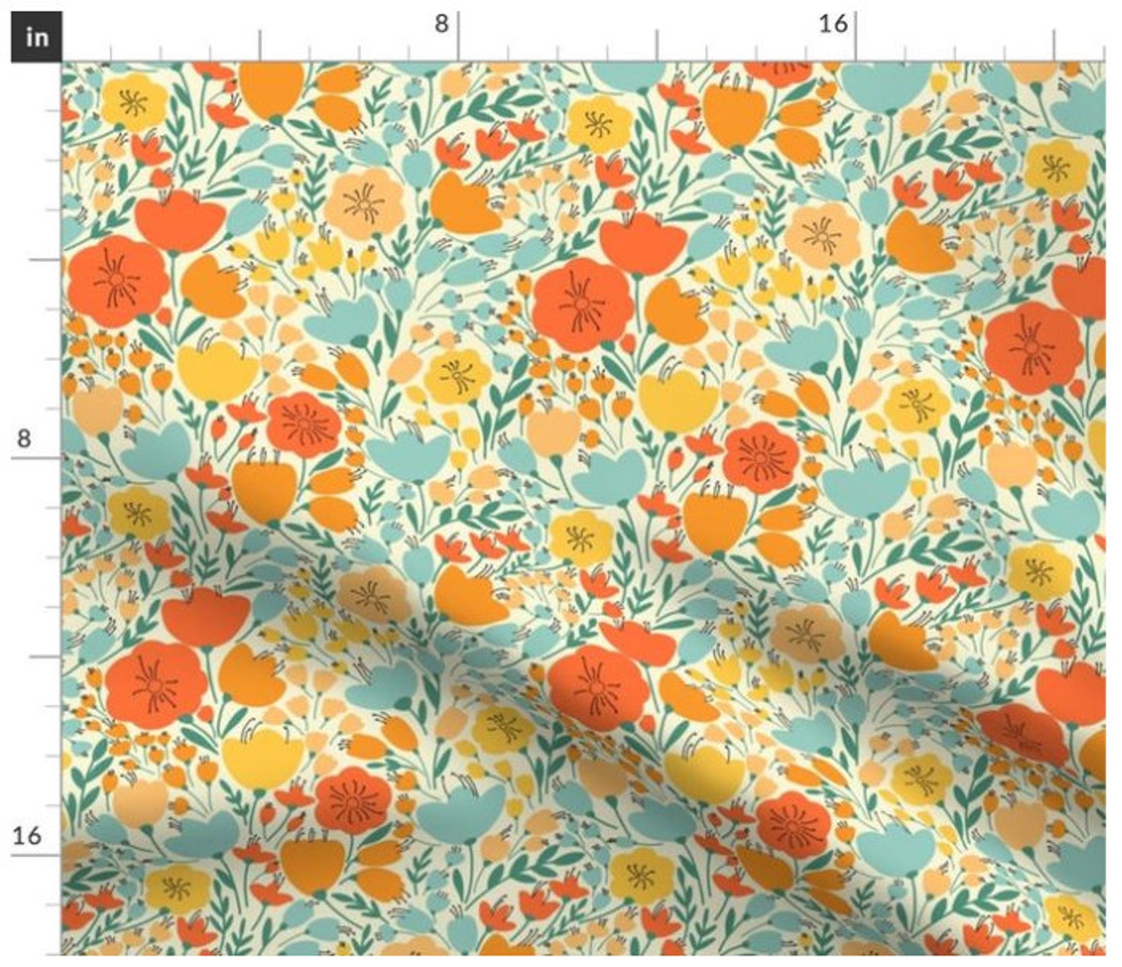 Orange and Teal Flowers Fabric by the Yard Floral Fabric - Etsy