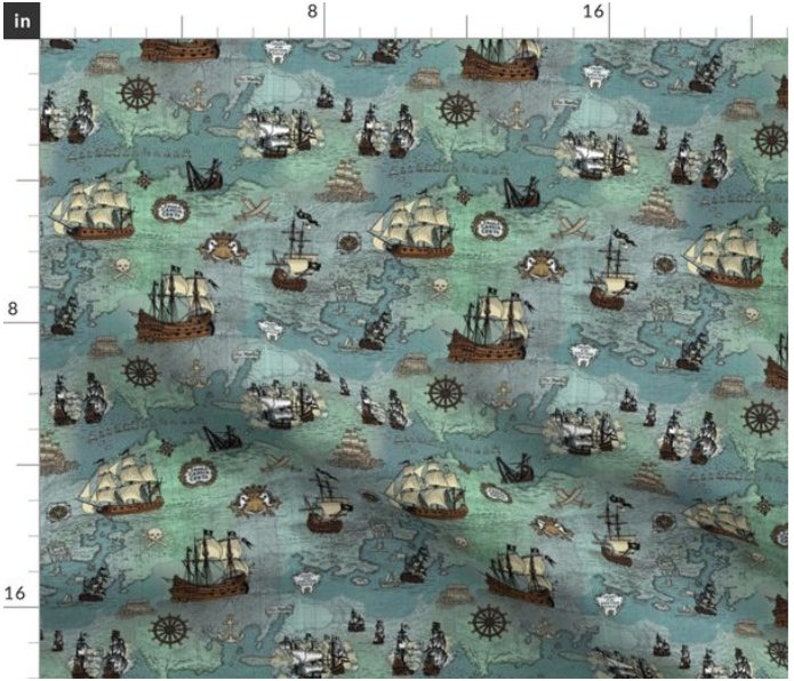 Pirate Ship Map Fabric by the Yard Pirate Fabric Ocean | Etsy