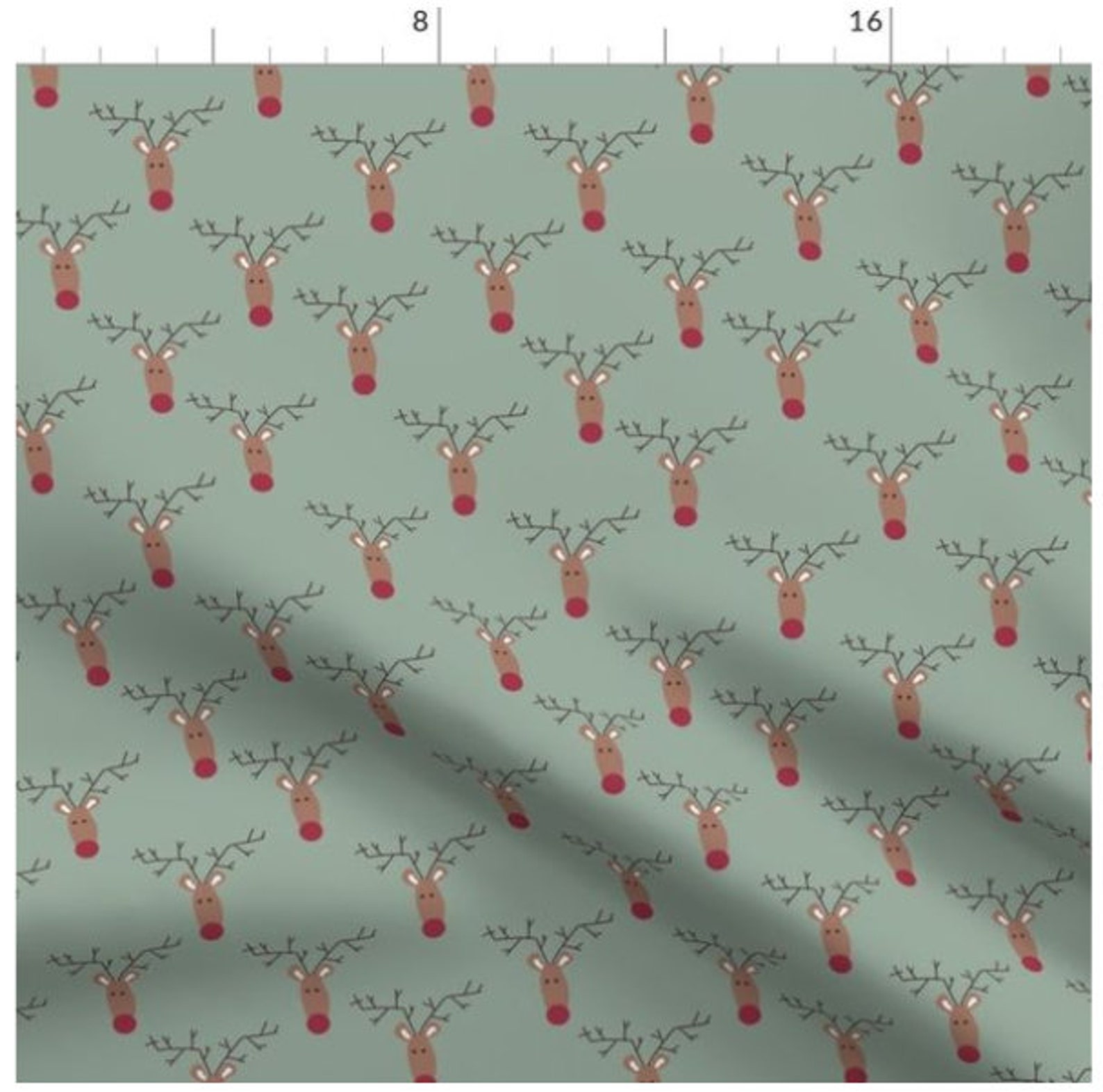 Stick Rudolph on Green Fabric by the Yard Cute Reindeer - Etsy