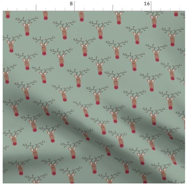Stick Rudolph on Green Fabric by the Yard | Cute Reindeer Fabric ...