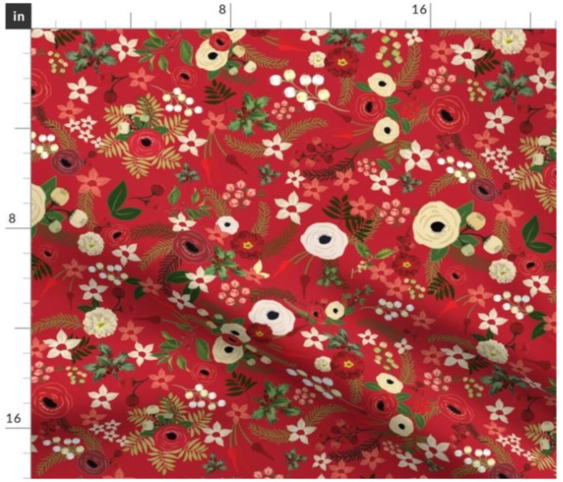 Vintage Christmas Floral in Red Christmas Fabric by the Yard - Etsy