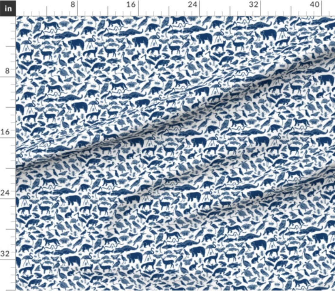 Linocut Animals Navy Fabric by the Yard Navy Animal Print - Etsy