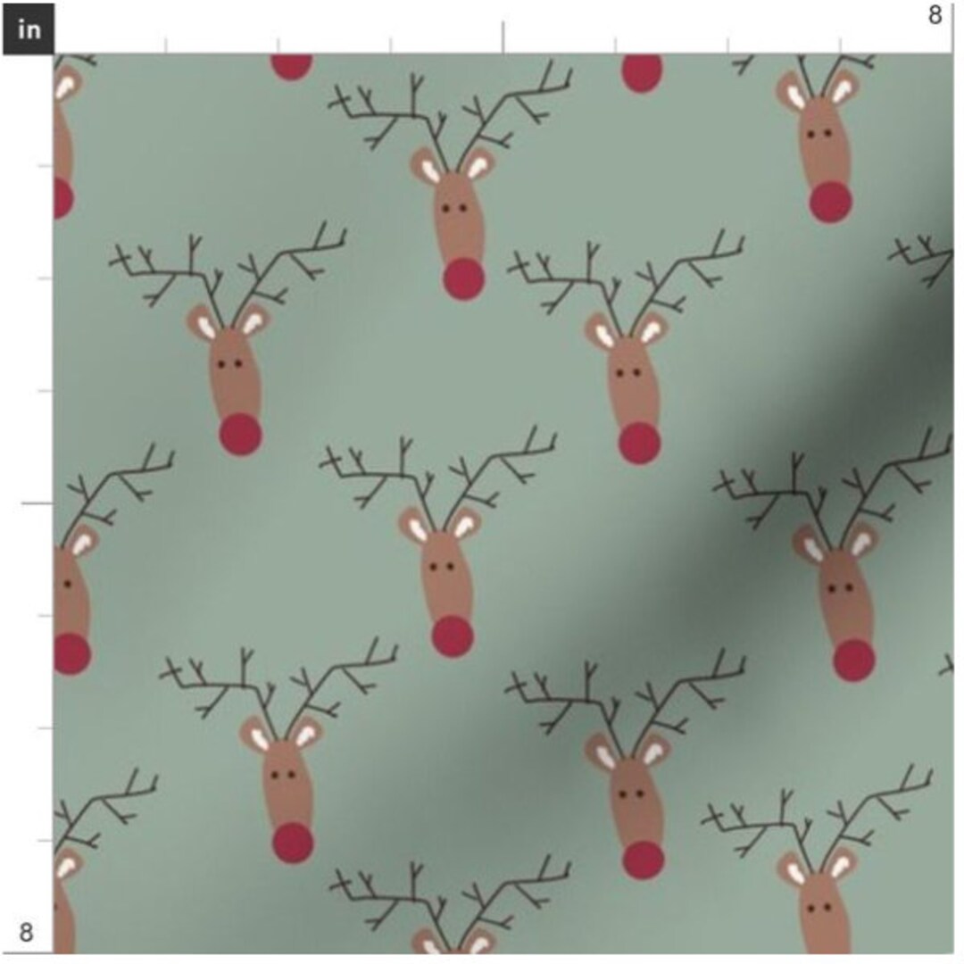 Stick Rudolph on Green Fabric by the Yard | Cute Reindeer Fabric ...