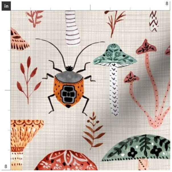 Beige Pilzen Beetle Fabric | Beetle Bug Fabric by the Yard | Mushroom ...