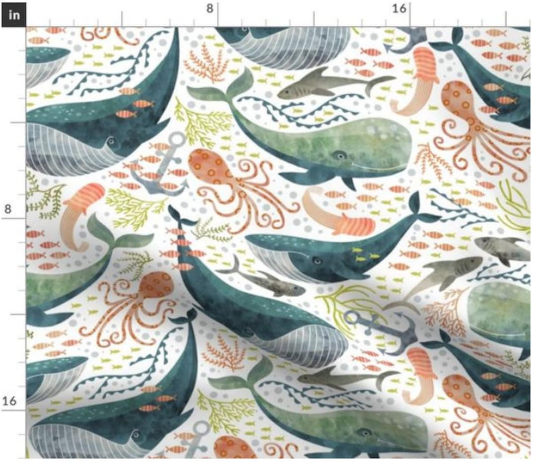 Nautical Sea Fabric by the Yard | Whale Fabric | Ocean Fabric | Octopus ...