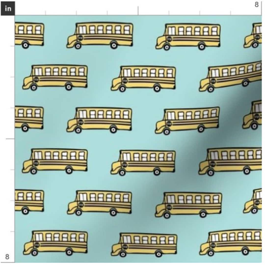 School Bus on Teal Fabric by the Yard | Back to School Fabric | Yellow ...