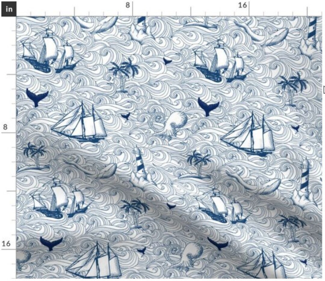 Vintage Nautical Journey Fabric by the Yard | Pirate Ship | Ocean Waves ...