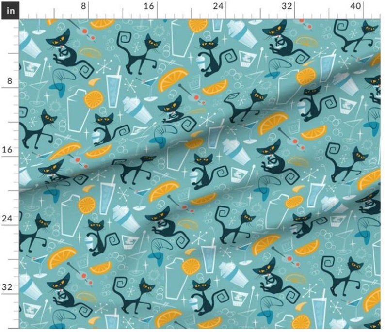 1950s Cats and Cocktails Fabric by the Yard | Cat Fabric | Kitten Lover ...