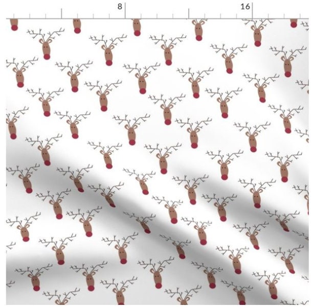 Stick Rudolph on White Fabric by the Yard | Cute Reindeer Fabric ...