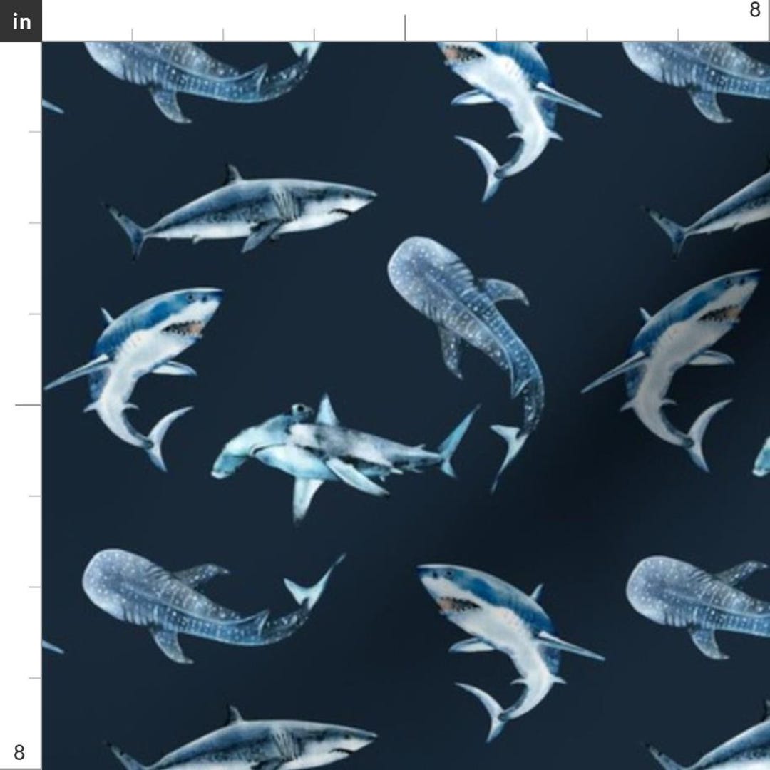 Nautical Dark Shark Fabric by the Yard | Watercolor Shark Fabric ...