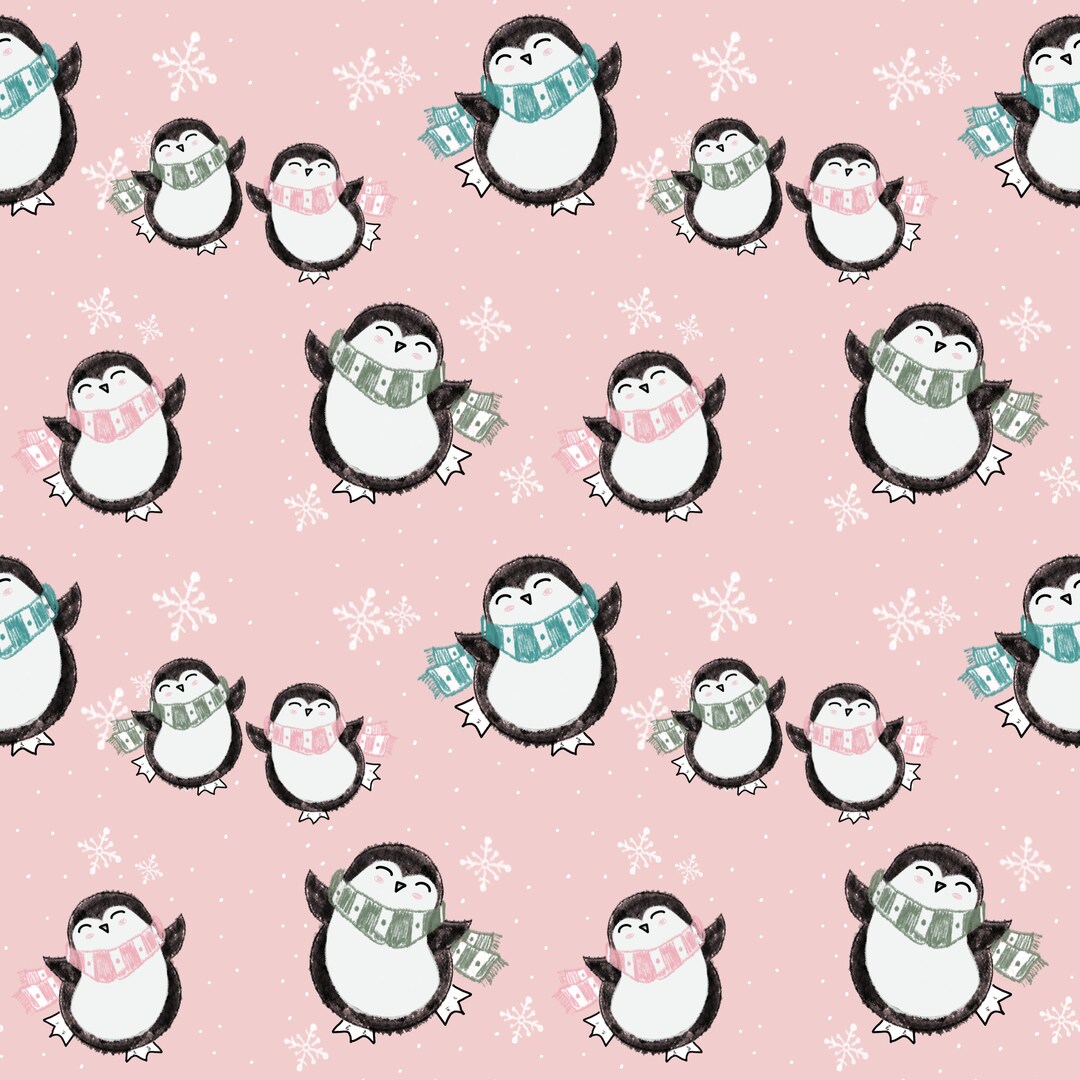Snow Party on Blush Penguin Fabric by the Yard | Penguins and ...