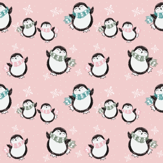 Snow Party On Blush Penguin Fabric By The Yard Penguins and | Etsy
