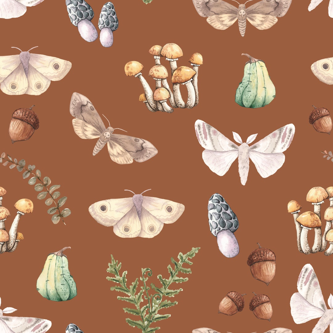 Autumn Nature on Rust Fabric by the Yard | Watercolor Moths | Moths and ...