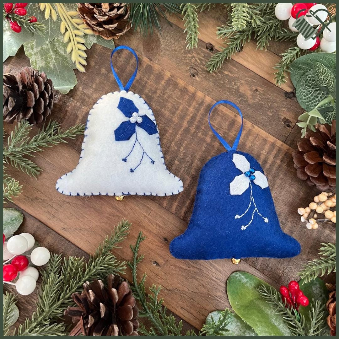Handmade Felt Christmas Bell Ornaments: Blue & White Set - Etsy