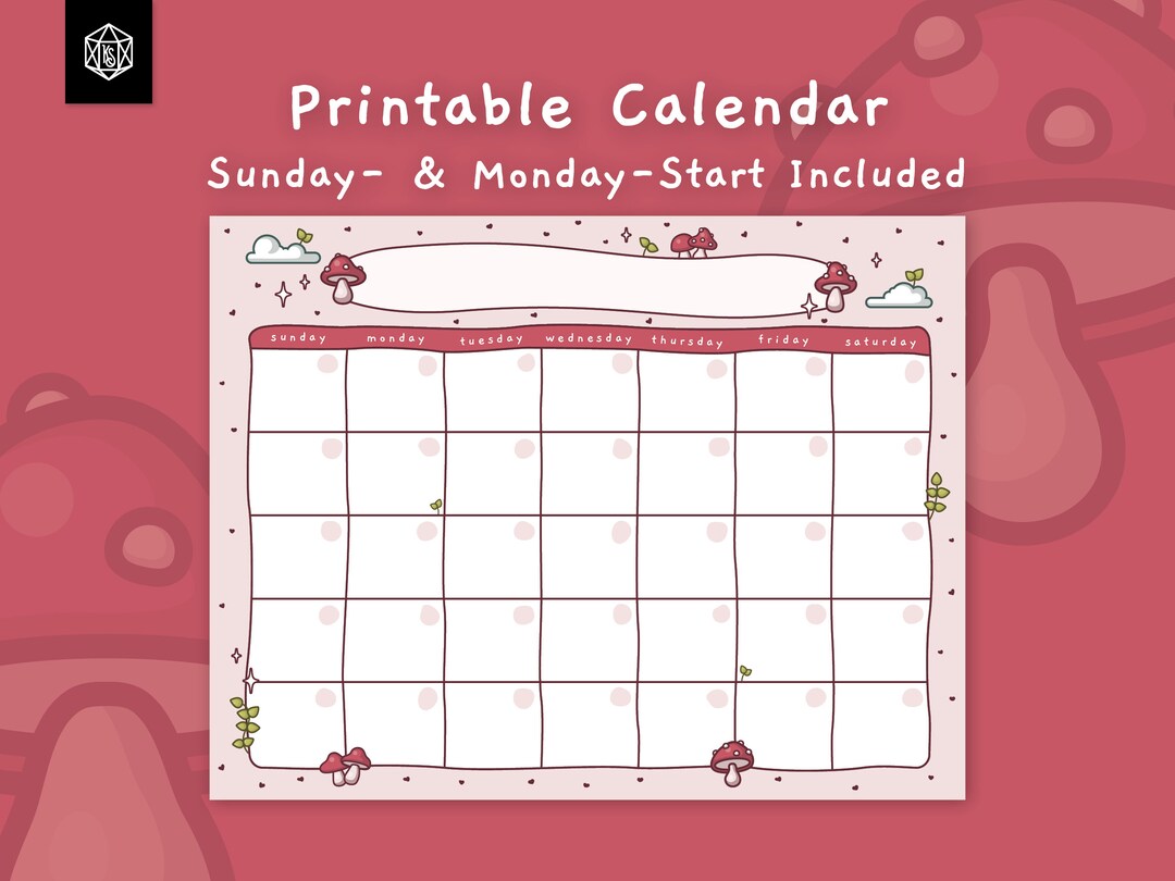 Pink Mushroom Blank Printable Calendar Letter Size 8.5x11 JPG Cute ...