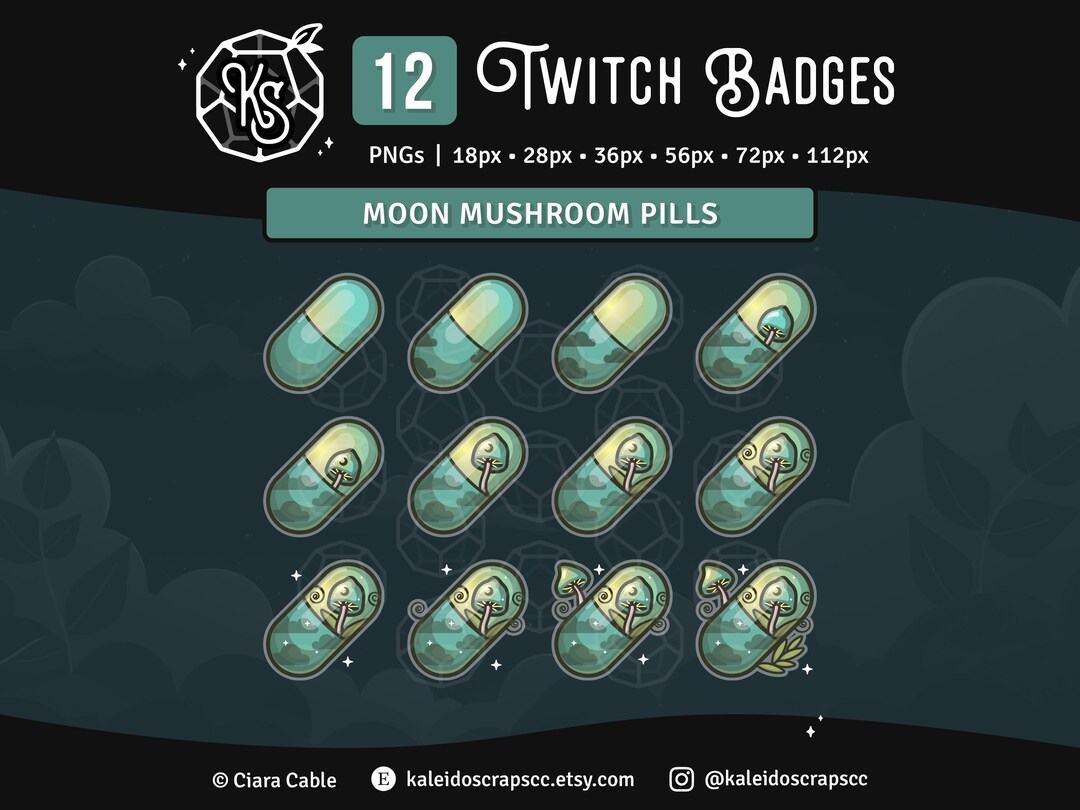 Moon Mushroom Pill Twitch Sub Badges | Blue and Green Cosmic Nature ...