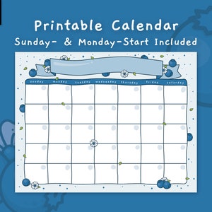 Blueberries N Flowers Blank Printable Calendar Letter Size 8.5x11 JPG ...