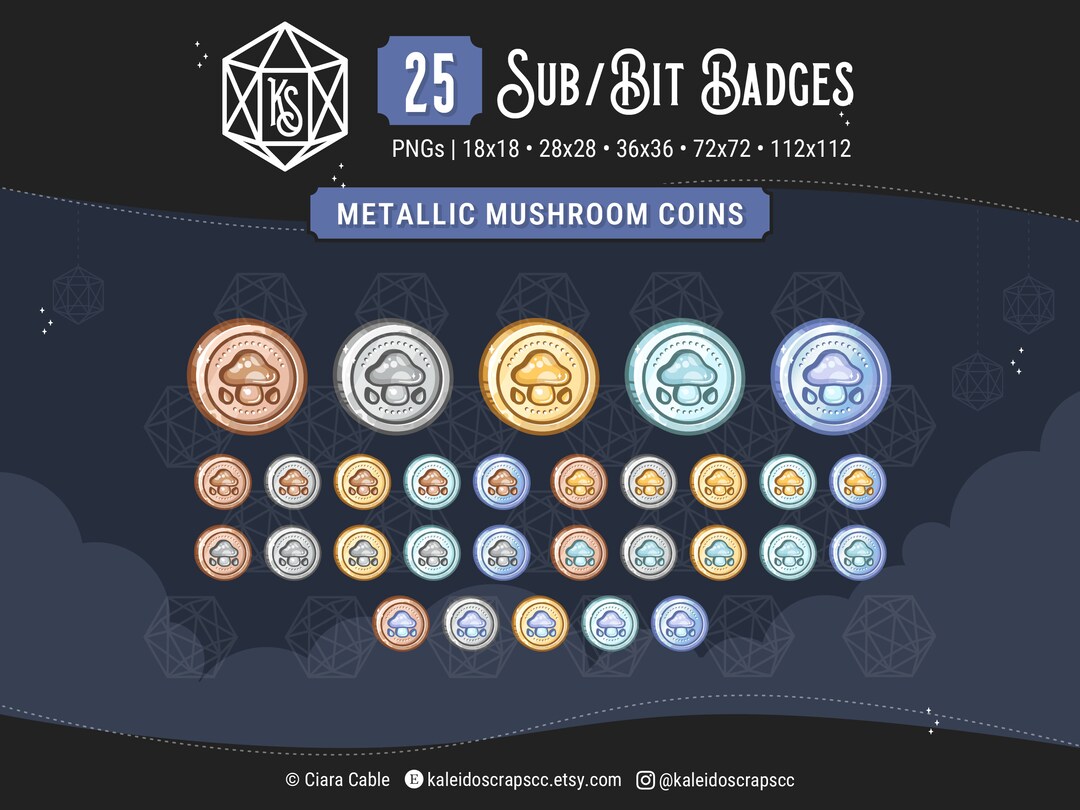 Twitch Sub Badges: Metal Mushroom Coins | Cottagecore Nature Bit Badges ...
