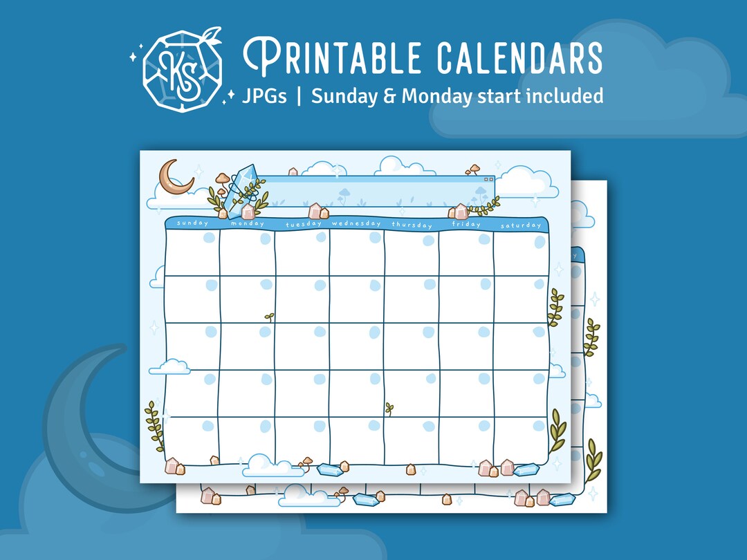 Cottagecore Crystal Blank Printable Calendar [blue] | Letter Size 8 ...