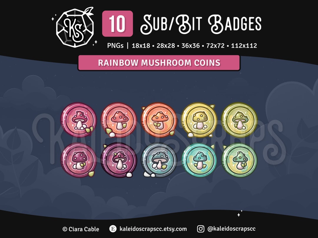 Rainbow Mushroom Coin Twitch Sub Badges Cottagecore Nature Bit Badges ...