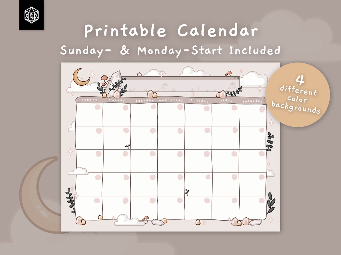 Cottagecore Crystal Blank Printable Calendar Letter Size - Etsy