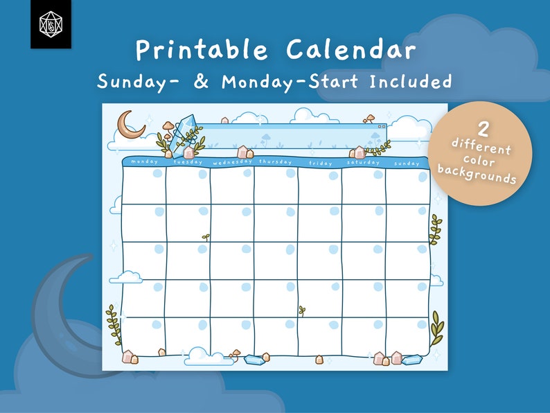 Cottagecore Crystal Blank Printable Calendar blue Letter - Etsy