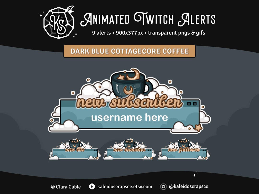 Cottagecore Coffee Twitch Alerts | Animated Dark Blue Cozy Moon & Stars ...