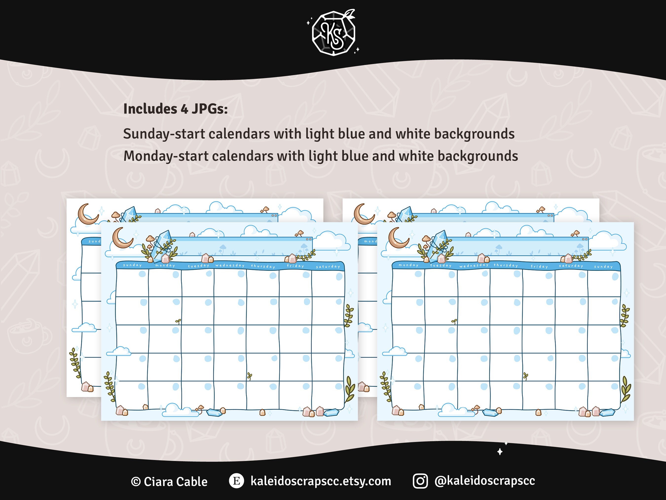 Cottagecore Crystal Blank Printable Calendar [blue] | Letter Size 8 ...