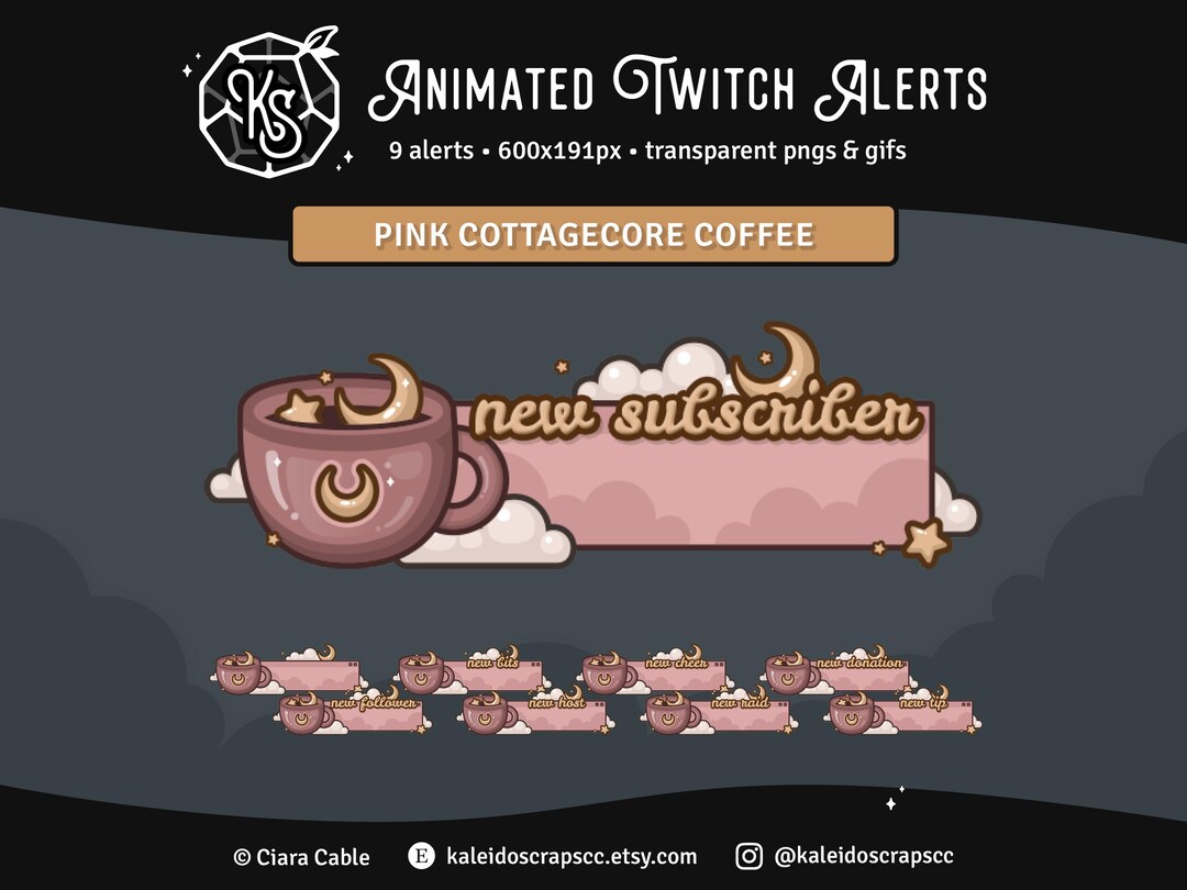 Cottagecore Coffee Twitch Alerts | Animated Dusty Pink Cozy Moon ...