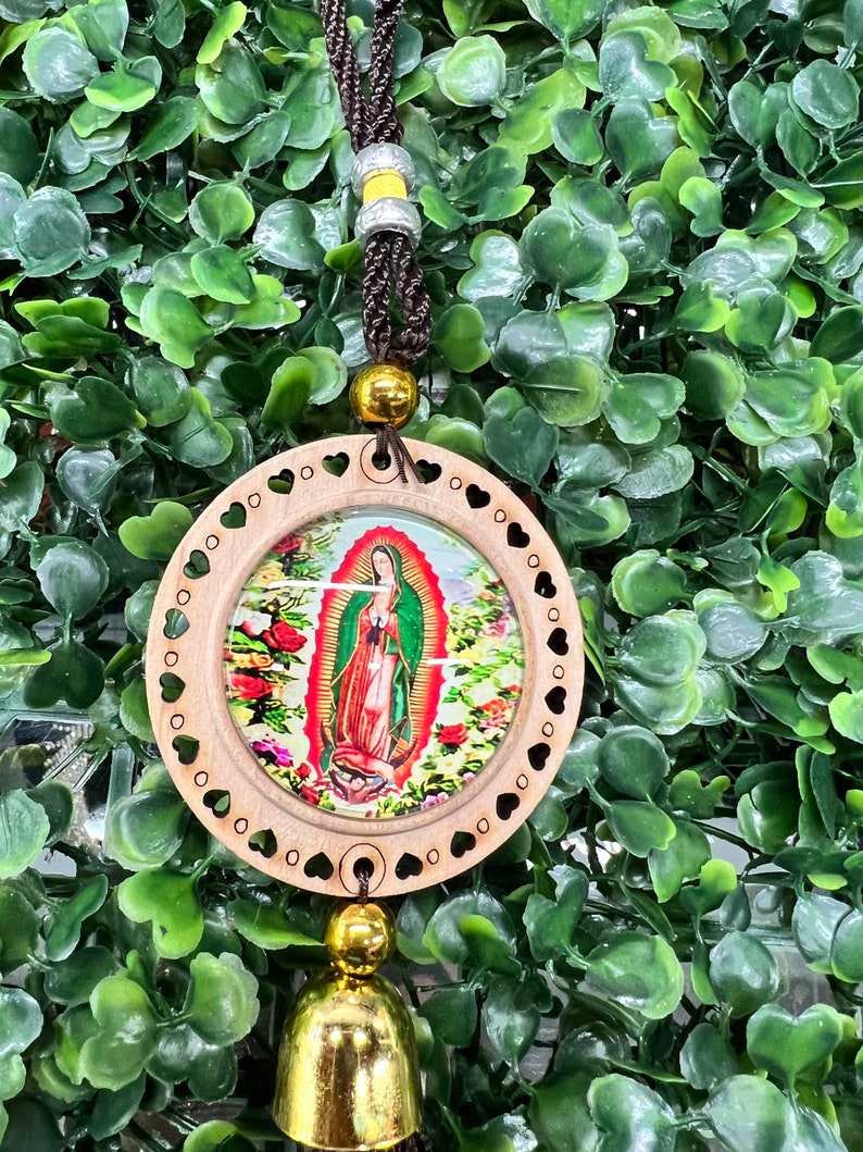 Guadalupe Glass Emblem Embedded on a Wooden Circle Car Charm With Brown ...