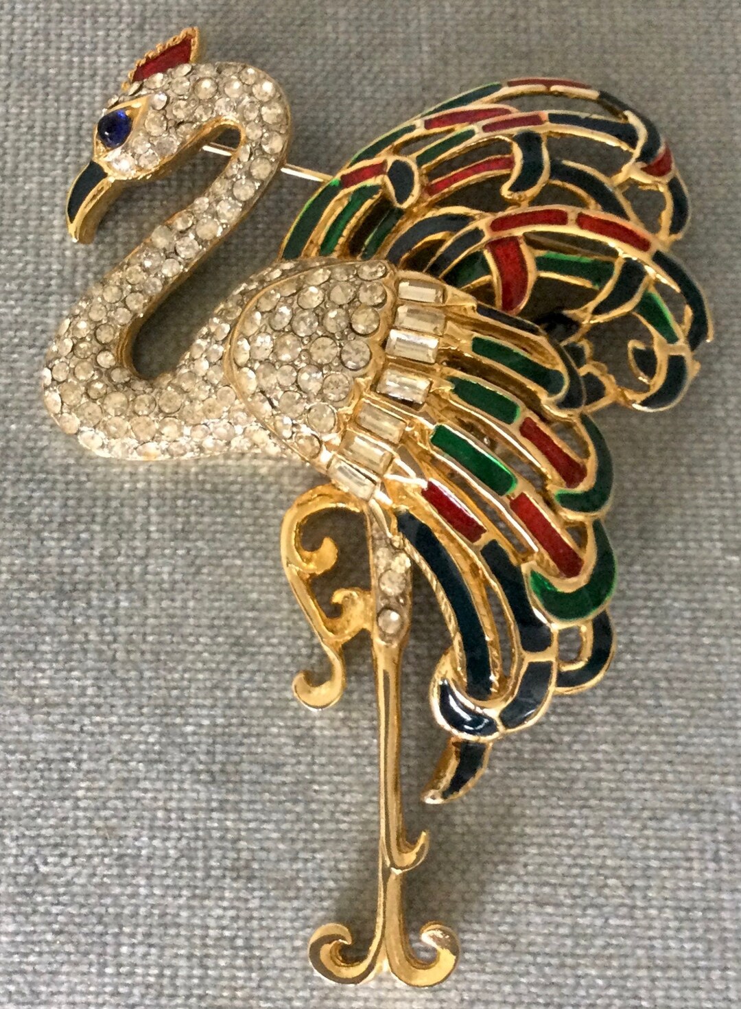 Art Deco MARESCO Signed MASSIVE FLAMINGO Brooch Pin Multicolor Enamel ...