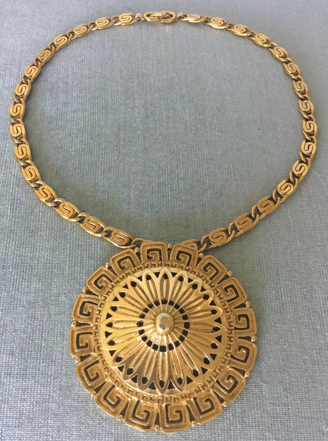 Massive MONET Signed ETRUSCAN Greek Key MEDALLION Huge 3” Round Pendant ...