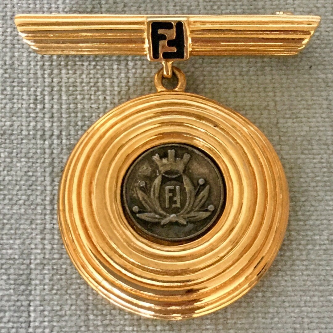 Iconic FENDI Signed LOGO COIN Insignia Crest Bar Medallion Charm Brooch ...