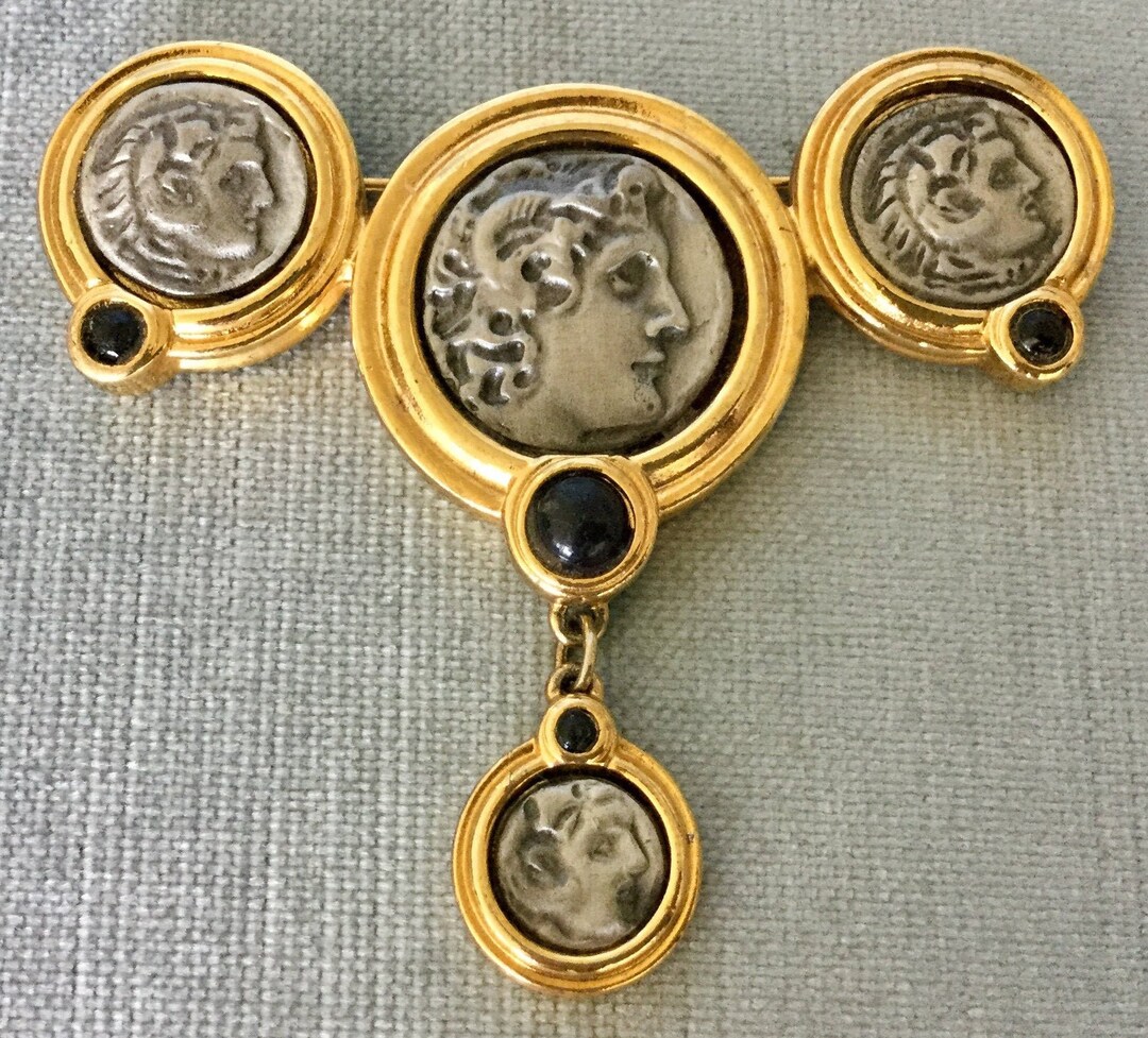Divine 3 ROMAN COIN CHARM Black Cabochon Brooch Pin Dangle Gold ...