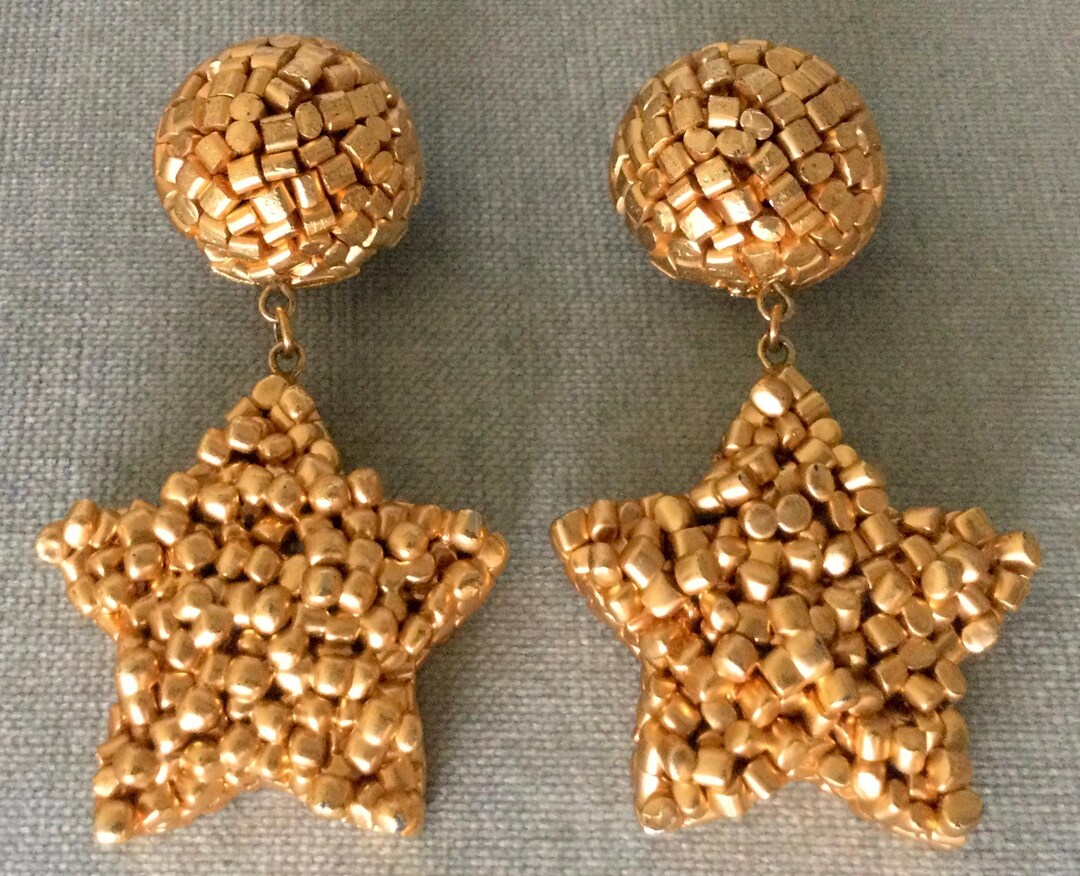 Massive PUFFY STAR & BUTTON French Cubist Drop Dangle Earrings Gold ...