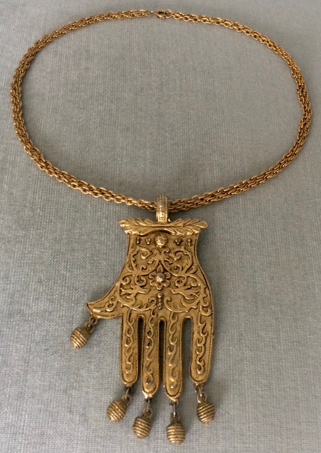 Massive GLOVED HAND With Charms HAMSA Pendant on Double Chain Choker ...