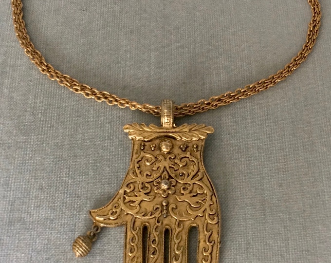 Massive GLOVED HAND With Charms HAMSA Pendant on Double Chain Choker ...