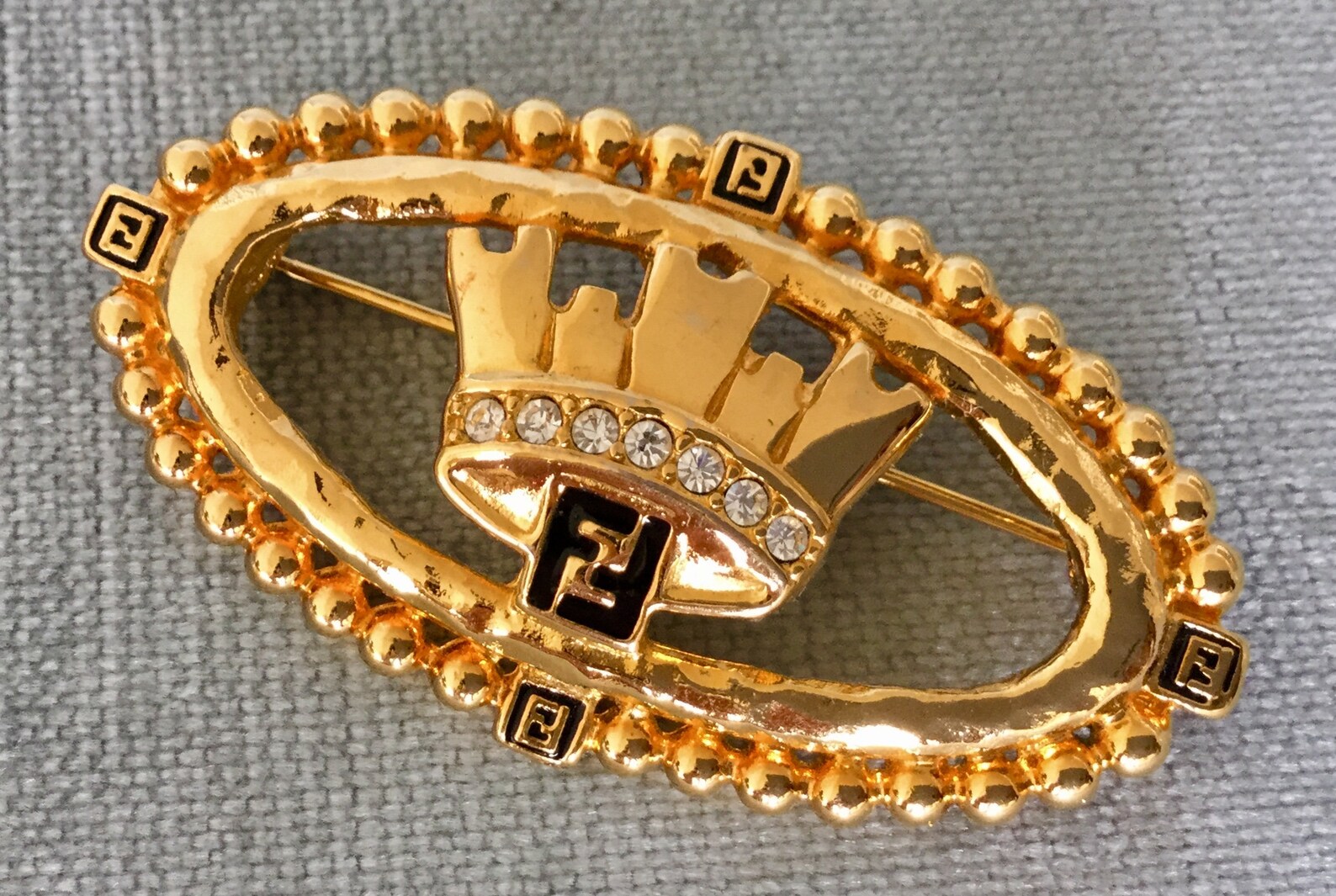 Chic FENDI Signed Diamanté CROWN LOGO Black Enamel Brooch Pin - Etsy