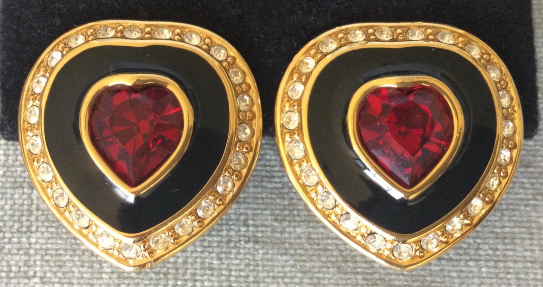 Rich MONET Signed HEART Art Deco Ruby RED Glass Cabochon Crystals Black ...