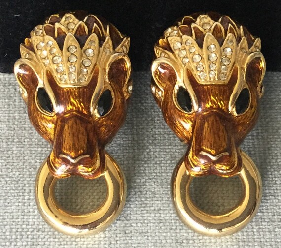 LandOfVastDesires Chic Lion s Head Doorknocker 2 Long Clip On Earrings Enamel Diamante Black Clear Crystals Gold Metal Vintage Designer Runway Couture Big