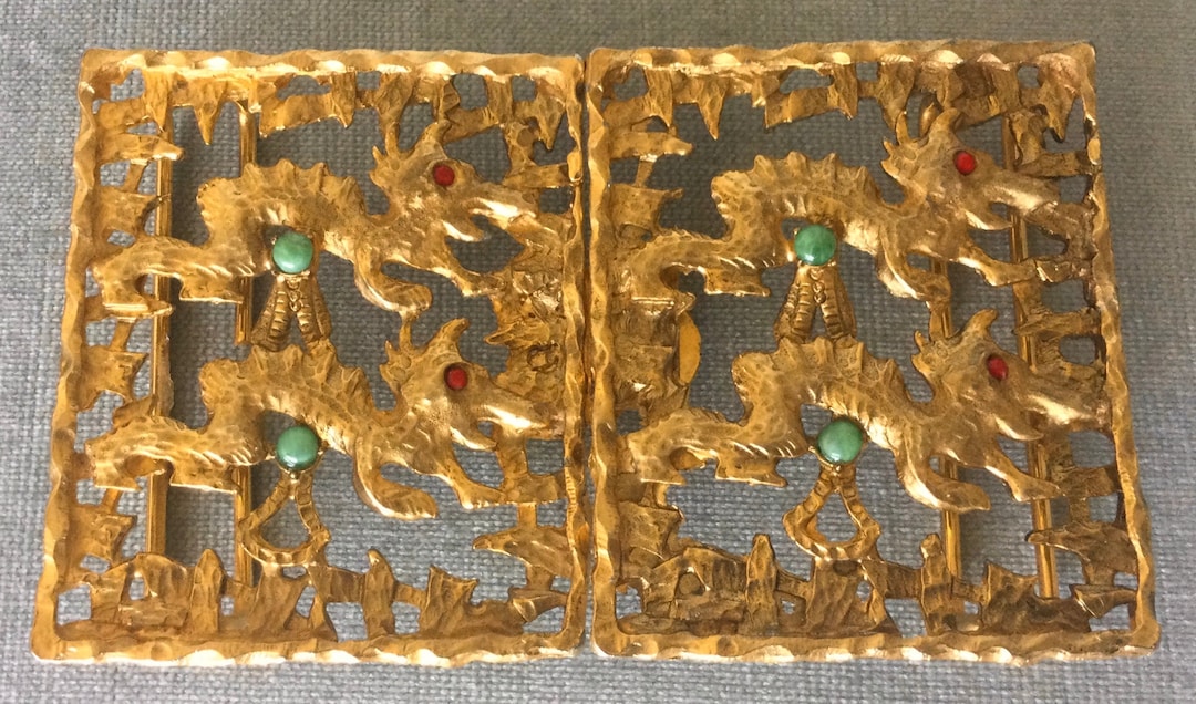 Statement ASIAN CHINOISERIE Carved DRAGONS Belt Buckle Jade Green Red ...