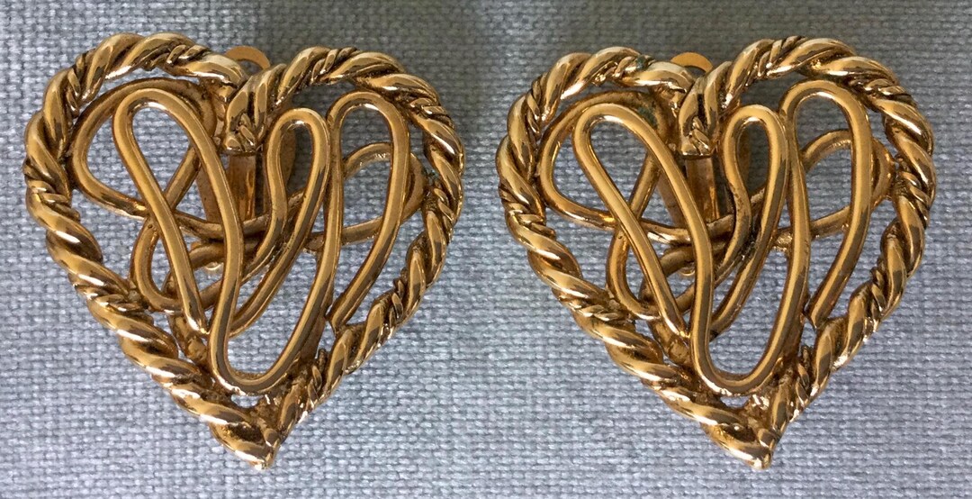 Oversized ERWIN PEARL Signed HEART With Swirls Drop Earrings Gold Metal ...