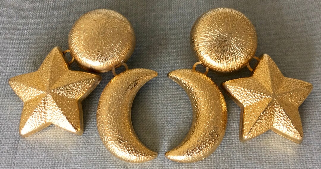 Massive SUN MOON & STAR Drop Dangle Charms Clip Earrings Gold Metal ...
