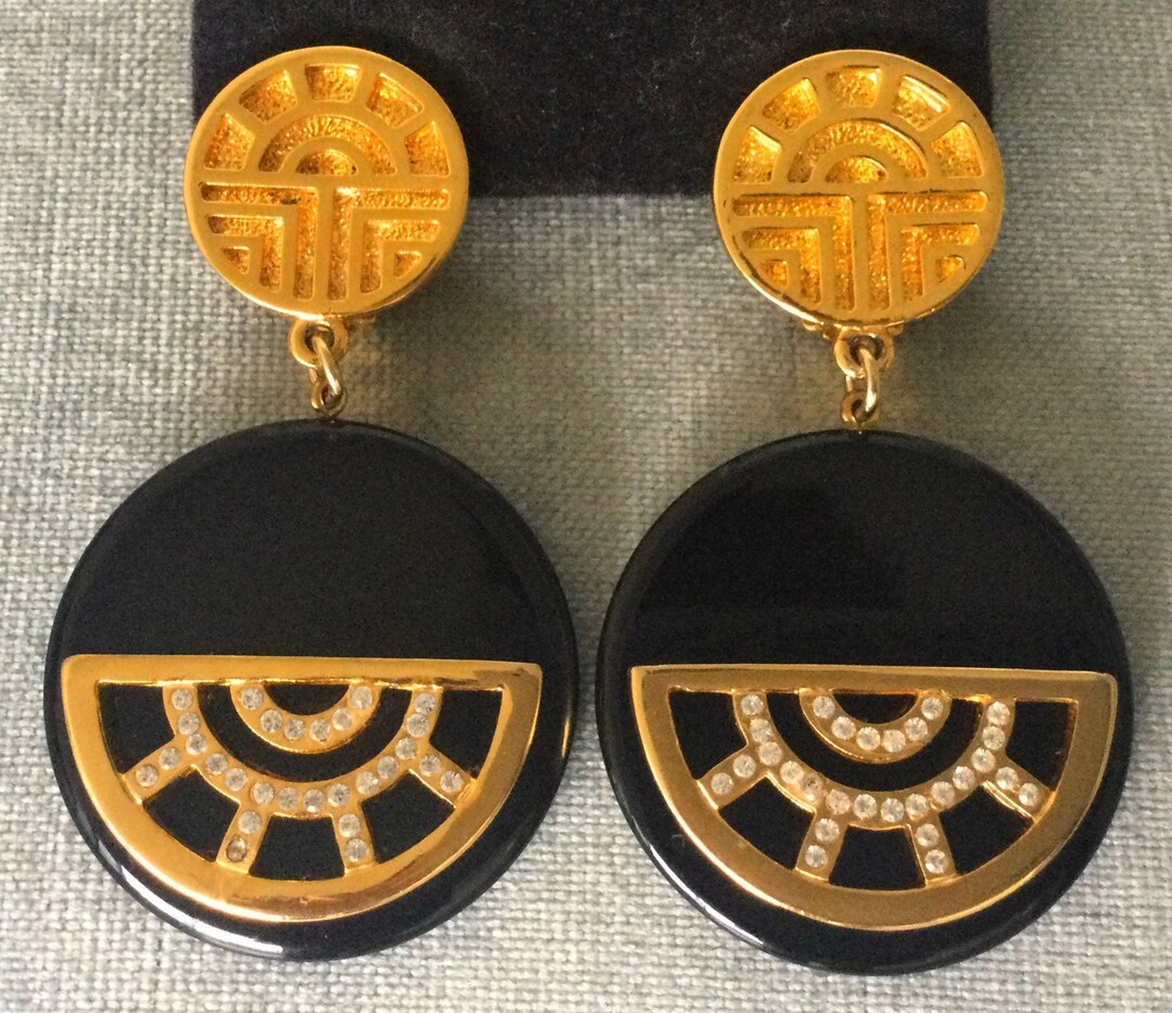 LOUIS FERAUD Signed LOGO Discs Black Lucite 3” Drop Dangle Earrings ...