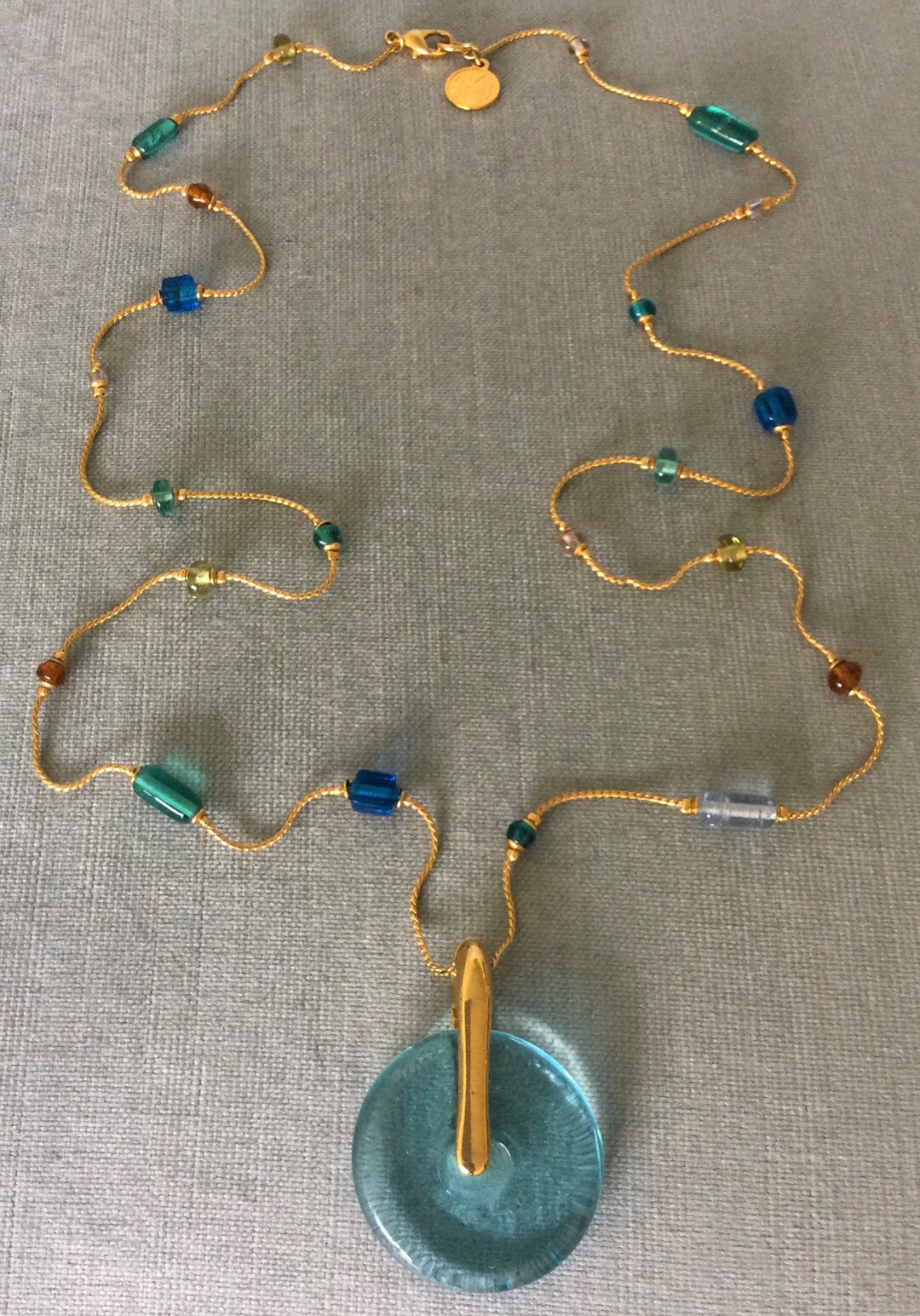 Modernist ANNE KLEIN Signed GLASS Wheel Pendant Multicolor Beads 36 ...