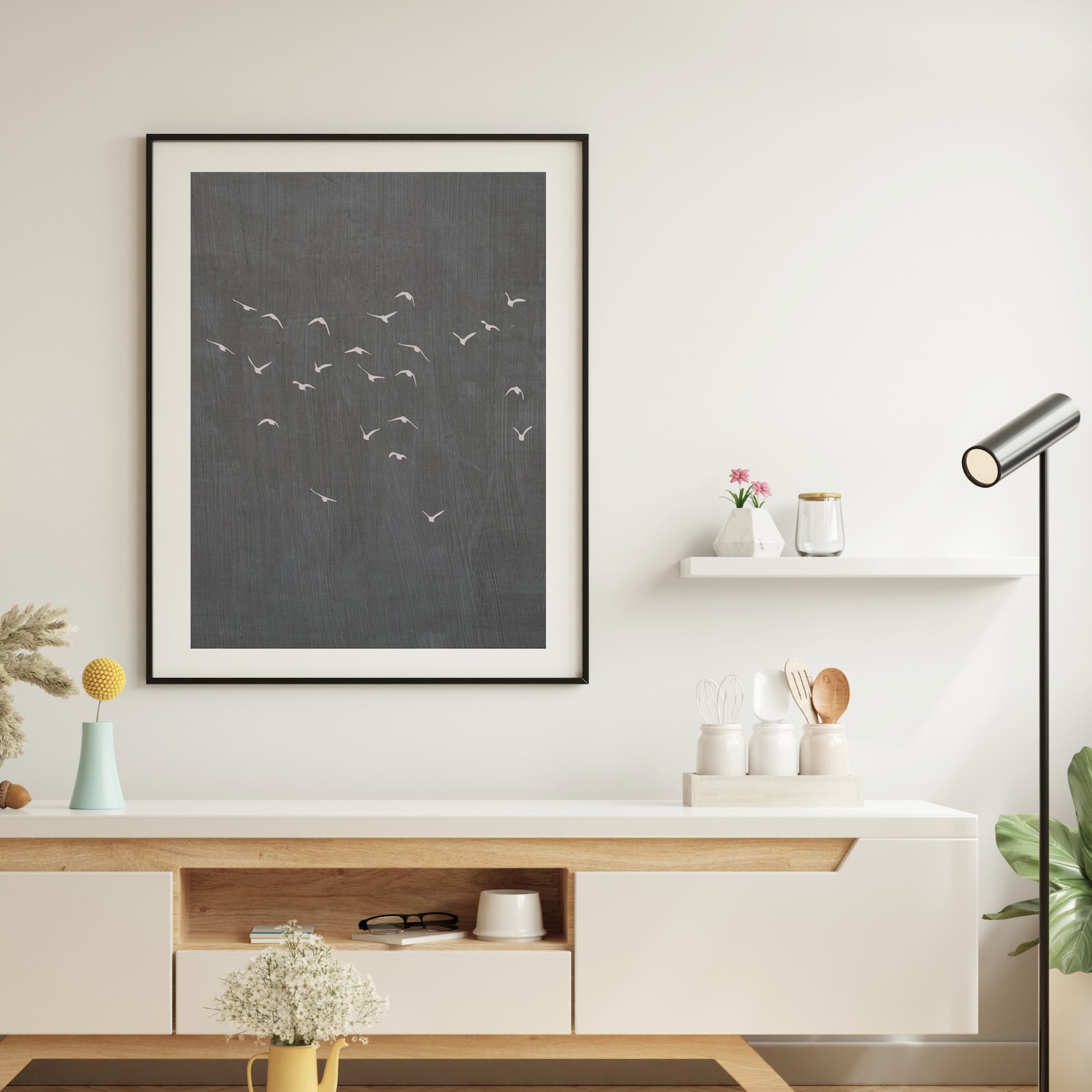 Simplistic Grey Wall Art With Birds, Minimalistic Art for Walls, Clean ...